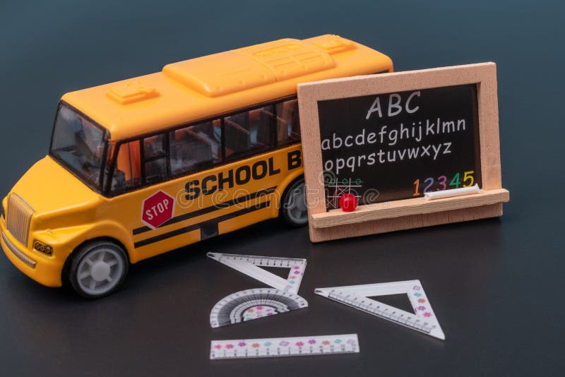 School Bus, Chalkboard and Geometry Game. Education Concept Stock Photo ...