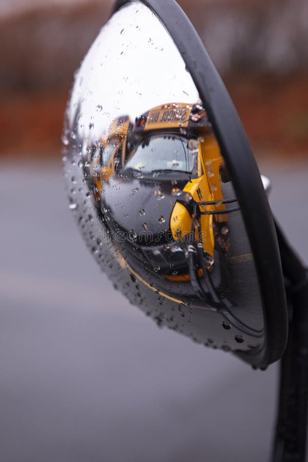 Close Up of School Bus Reflected in Mirror Stock Photo - Image of ...