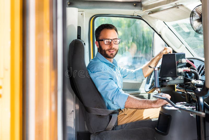 School Bus Driver Sitting Inside Bus Stock Photo - Image of drive ...