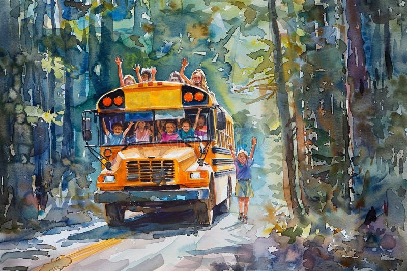 The School Bus Drives through the Forest Stock Illustration ...