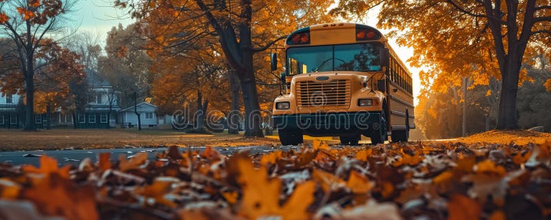 School Bus Driving through an Autumn Park with Fallen Orange Leaves ...