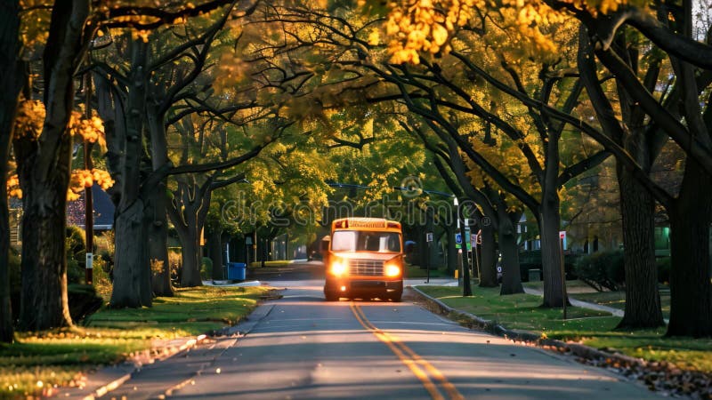 A School Bus Driving Down a Street Lined with Trees, a School Bus ...