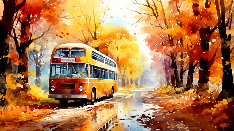 A School Bus is Driving on a Road, Watercolor Stock Illustration ...