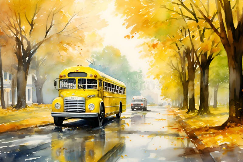 A School Bus is Driving on a Road, Watercolor, Generative AI 1 Stock ...