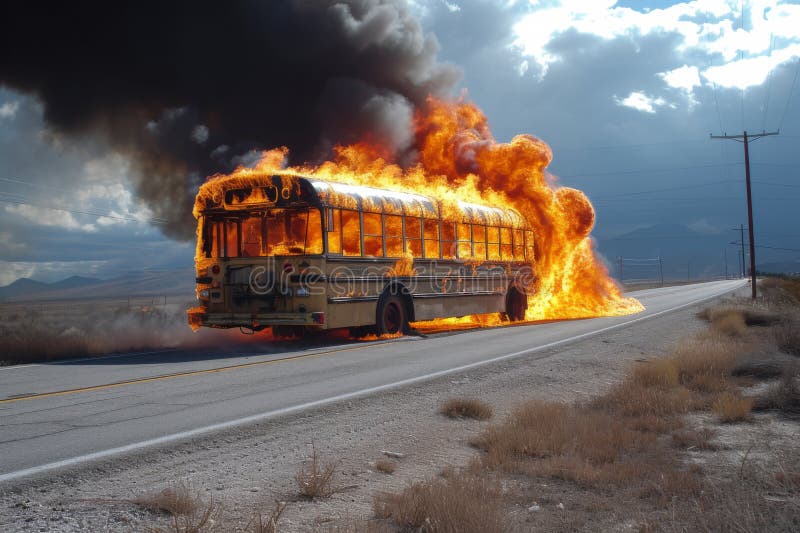 School Bus on Fire on the Open Road. AI Generated Stock Illustration ...