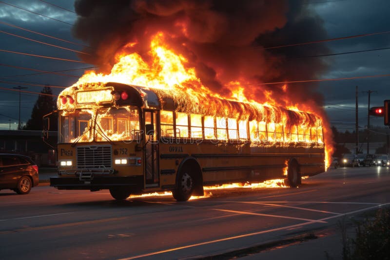 School Bus on Fire Creates Chaos and Urgency. AI Generated Stock ...