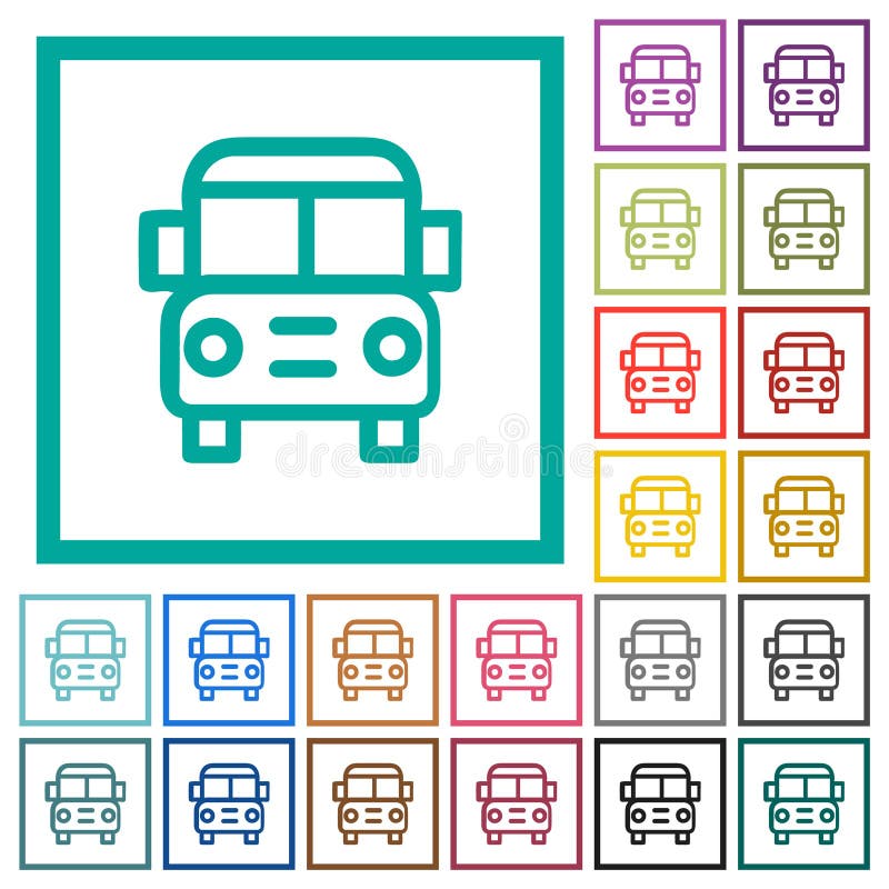 School Bus Front View Outline Flat Color Icons with Quadrant Frames ...