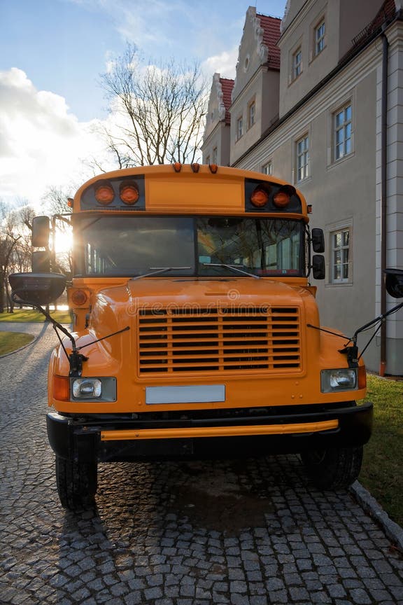 School Bus, Front View of Yellow Bus, USA Stock Photo - Image of lights ...