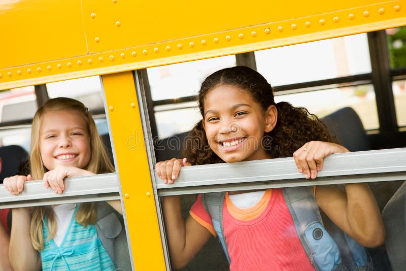 School Bus: Girls Looking Out Bus Window Stock Photo - Image of ...