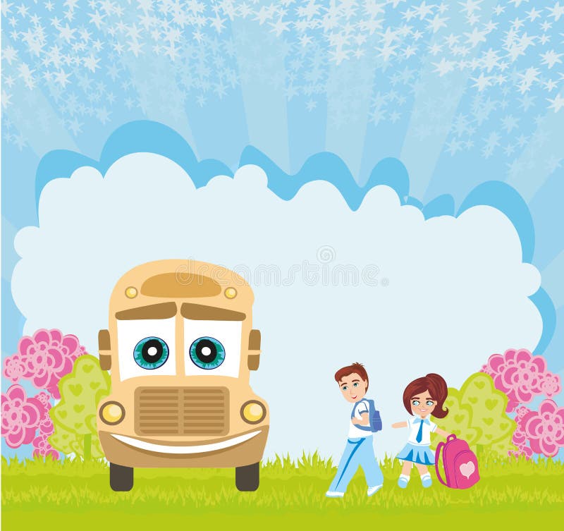 School Bus and Happy Children Stock Vector - Illustration of child ...