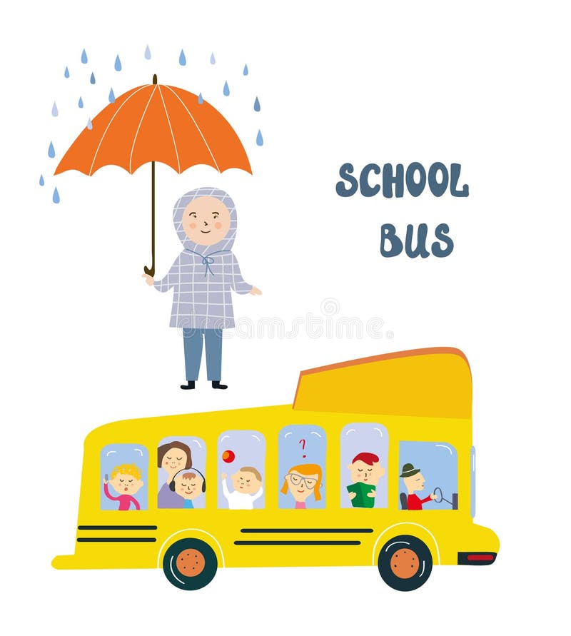 School Bus and Kid at the Stop Under the Rain - Concept of Safety and ...