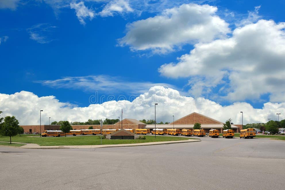 School Bus Lineup in Spring Stock Image - Image of yellow, schoolbus ...