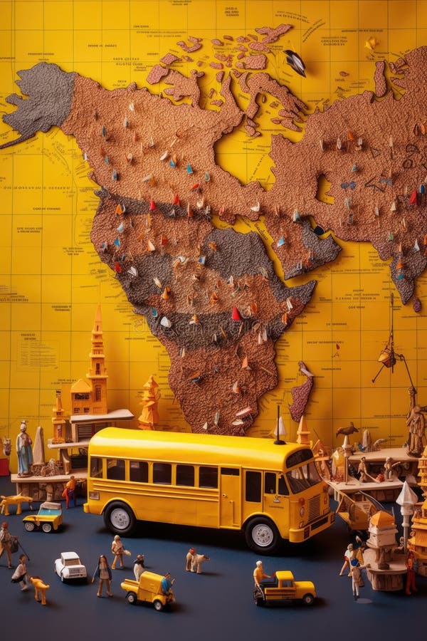School Bus Miniature on a World Map Stock Illustration - Illustration ...