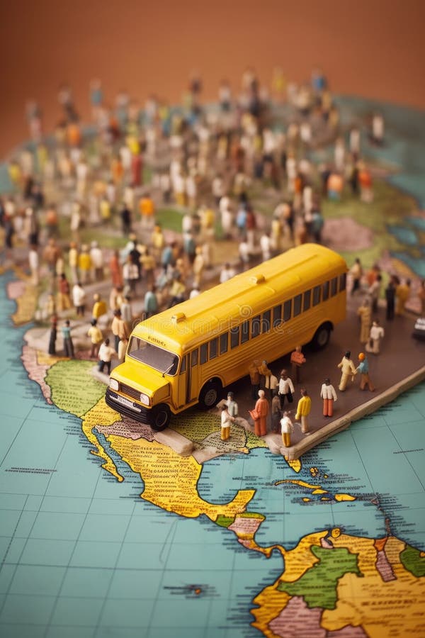 School Bus Miniature on a World Map Stock Illustration - Illustration ...