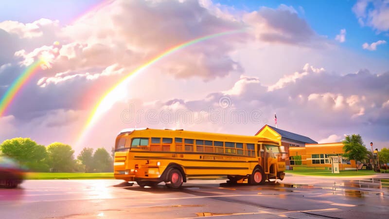 A School Bus Parked in Front of a School Building, with a Vibrant ...