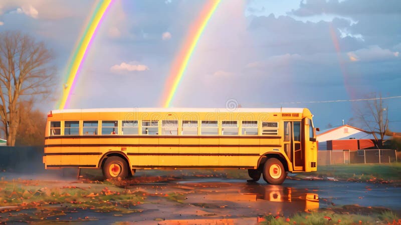 A School Bus Parked in Front of a School Building with a Vibrant ...