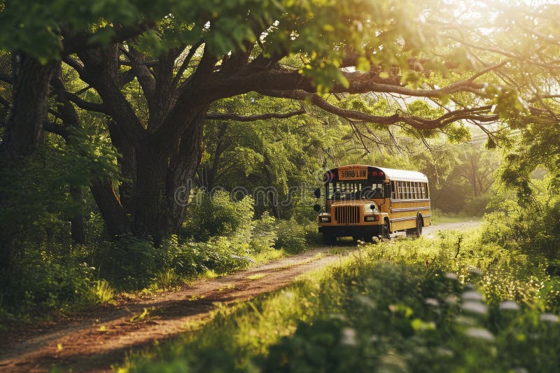 A School Bus Passing through a Path of Flourishing Trees, Showcasing ...