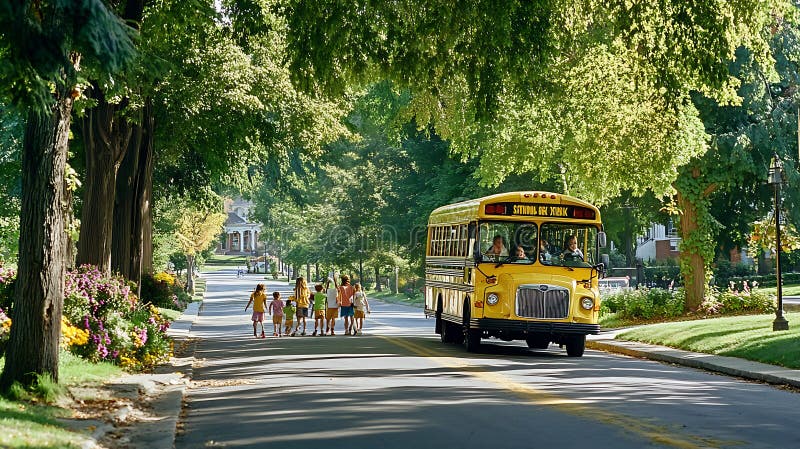 School Bus Picking Up Children, Monday Morning, Start of the School ...