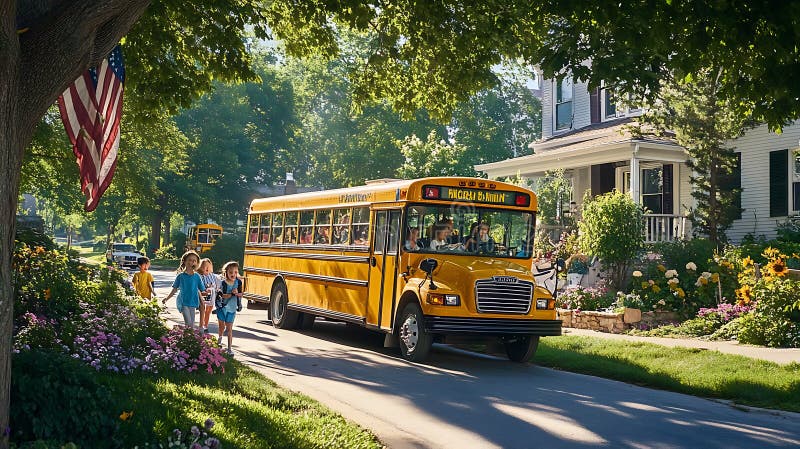 School Bus Picking Up Children, Monday Morning, Start of the School ...