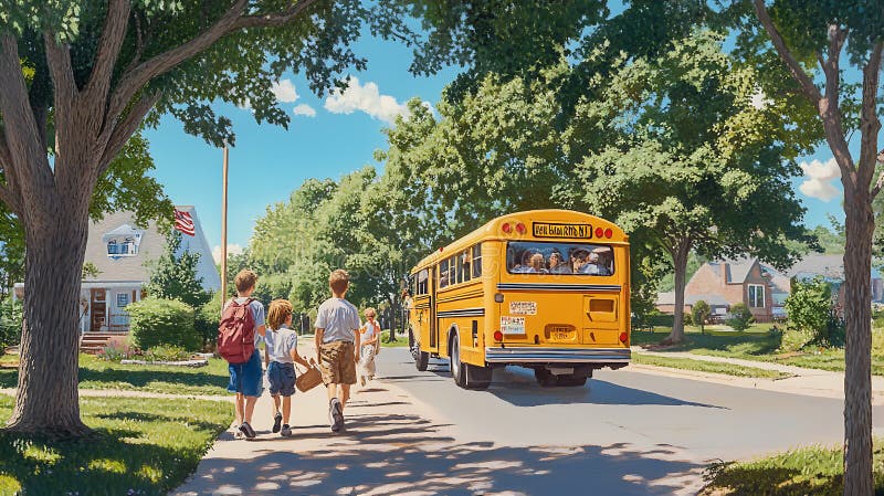 School Bus Picking Up Children, Monday Morning, Start of the School ...