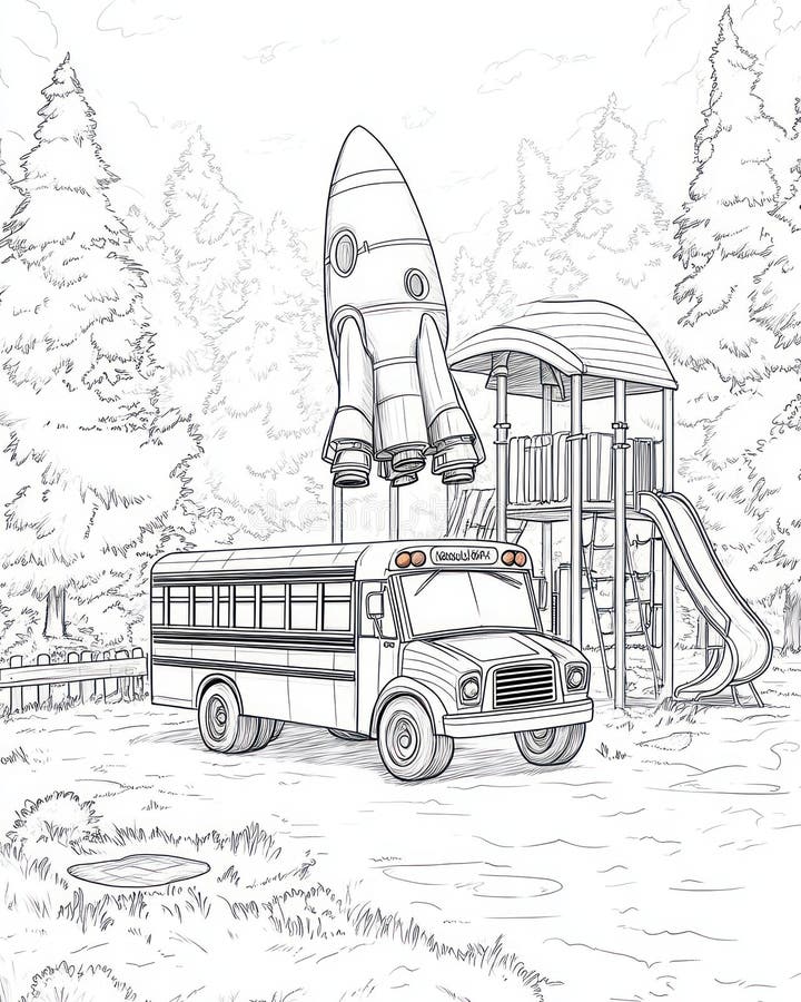 School Bus, Rocket, and Playground: Black and White Line Art ...