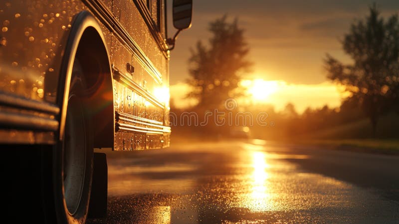 School Bus at Sunset on Rainy Road Stock Illustration - Illustration of ...