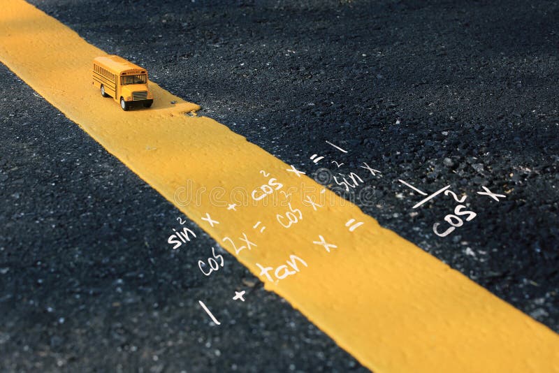School Bus Toy Model and Math Formular. Stock Image - Image of plus ...