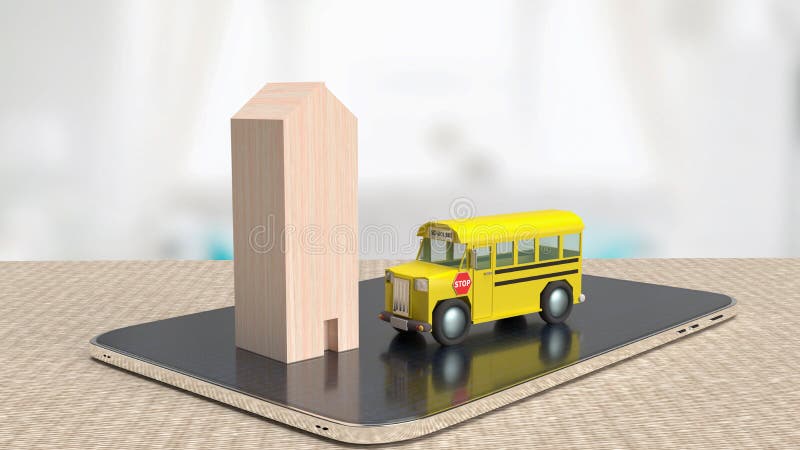 The School Bus and Wood Home on Tablet for Education Concept 3d ...