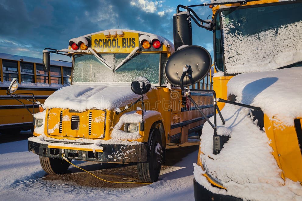 Winter Snow Covered School Buses Stock Image - Image of elementary ...