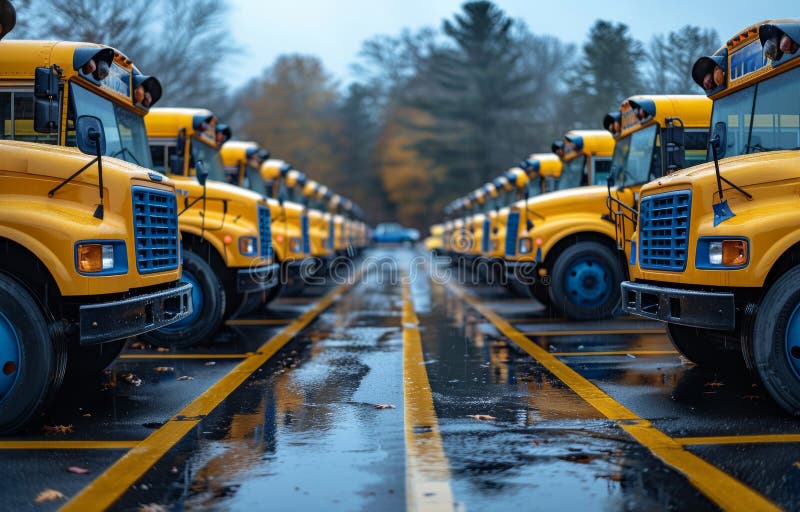 School Buses Parked in Long Row. Row of Parked School Buses Ready To ...