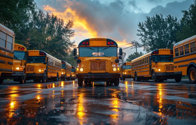 School Buses Parked in Lot at Sunset Stock Image - Image of elementary ...