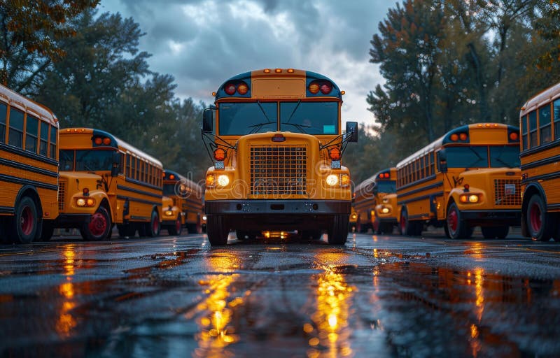 School Buses Parked in Row. Row of Parked School Buses Ready To Pick Up ...