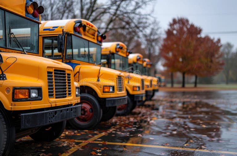 School Buses Parked in Row. Row of Parked School Buses Ready To Pick Up ...