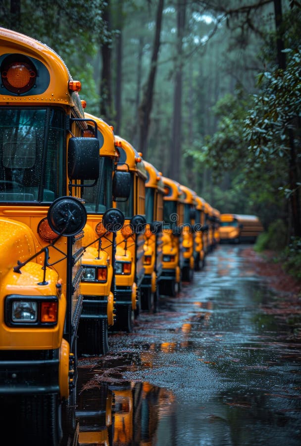 School Buses Parked in Row. Row of Parked School Buses Ready To Pick Up ...