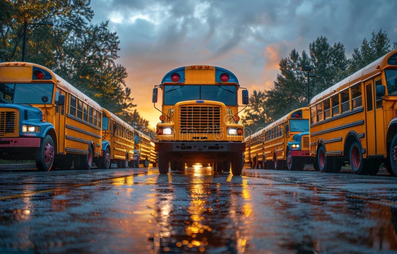 School Buses Parked in Row at Sunset Stock Photo - Image of american ...