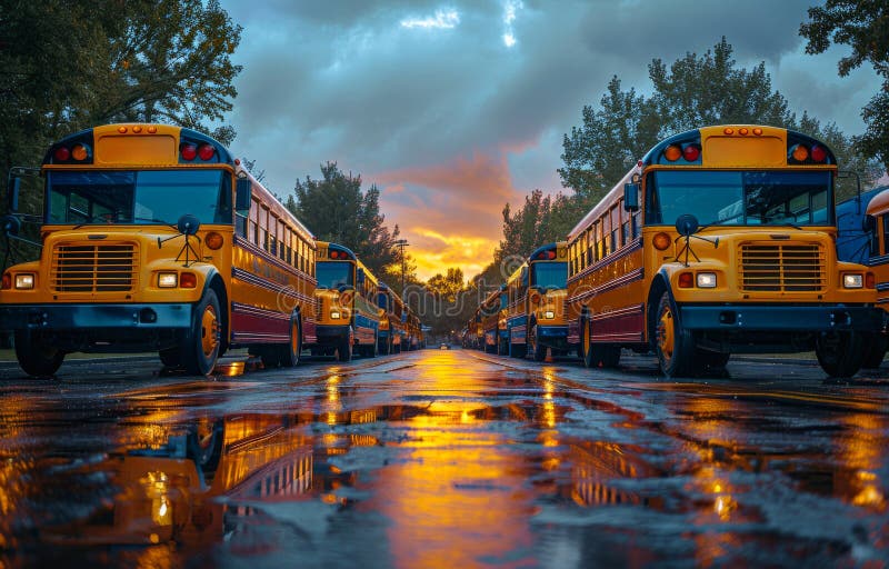 School Buses Parked in Row on Wet Road at Sunset Stock Image - Image of ...