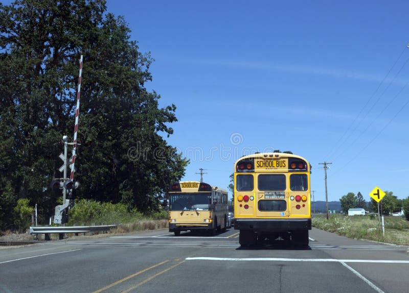 School Buses at Railroad Crossing Stock Photo - Image of yellow ...