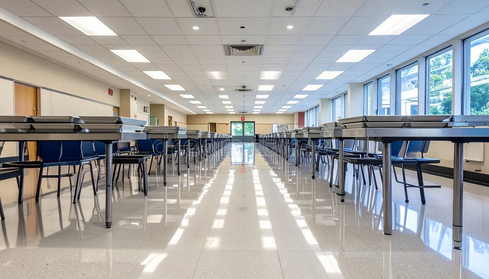 School Cafeteria with Empty Tables and Trays. Back To School Concept ...