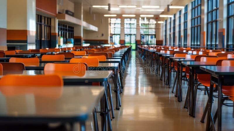 A School Cafeteria with Rows of Empty Tables and Chairs, Ready for ...