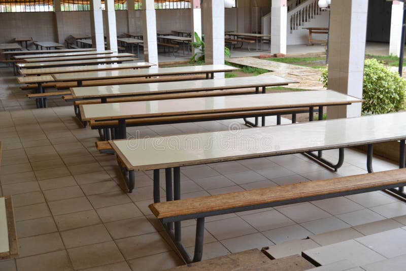 Tables in School Canteen. Tables with Benches Stand in Row. Lunch Room ...
