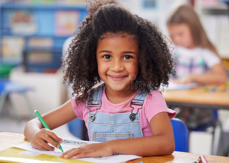 School, Child and Portrait with Coloring in Classroom for Creative Test ...