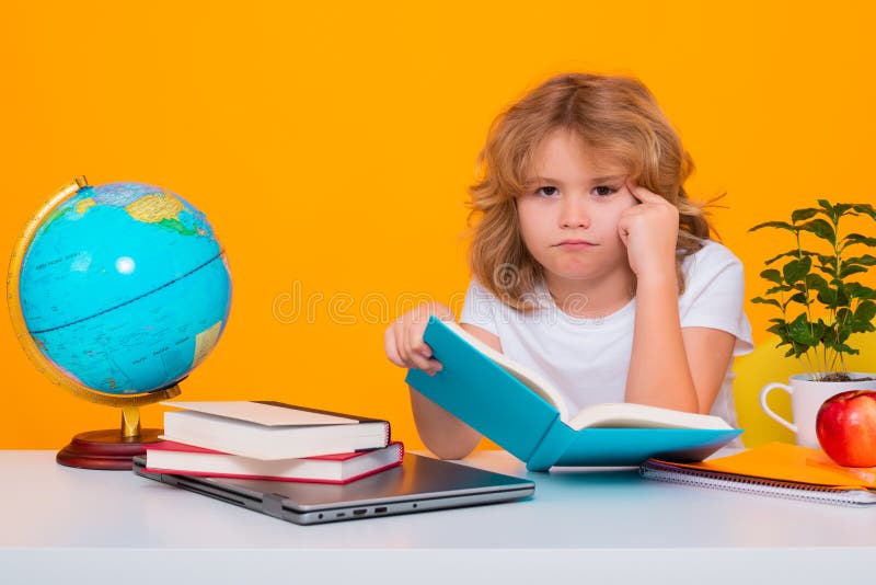 School Child Reading Book. School and Kids. Cute Blonde Child with a ...