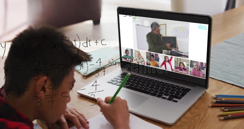 In School, Child Studying Math with Teacher and Classmates Using ...