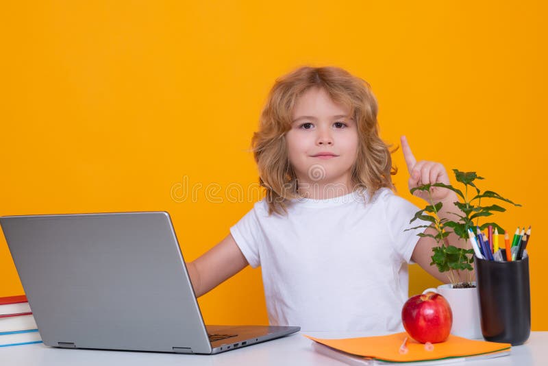 School Child Using Laptop Computer. Child from Elementary School with ...