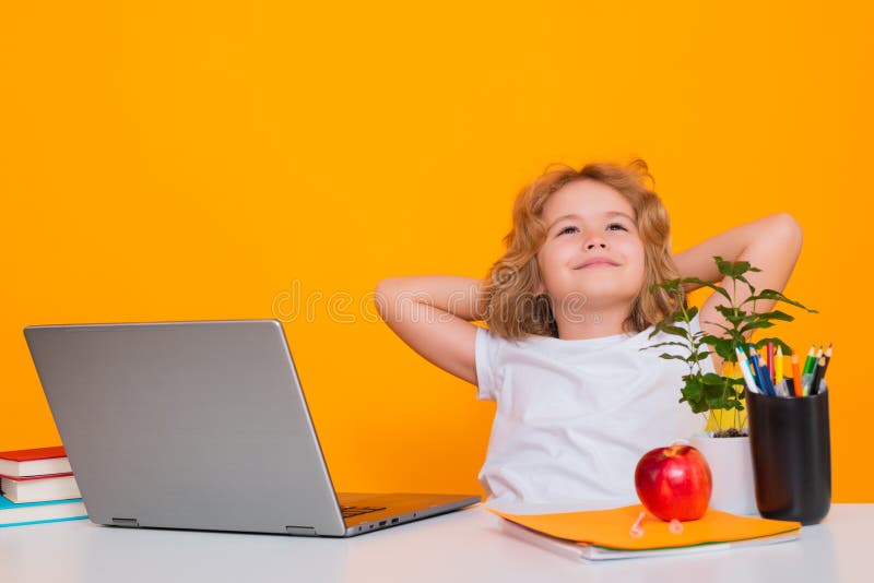 School Child Using Laptop Computer. School Kid Student Learning, Study ...