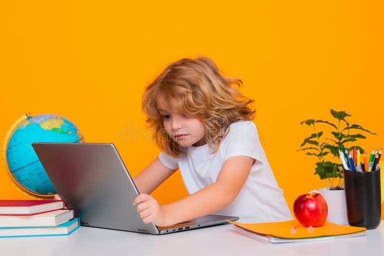 School Child Using Laptop Computer. School Kid Student Learning, Study ...