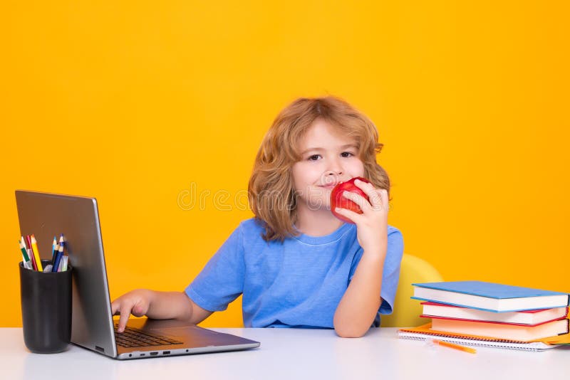 School Child Using Laptop Computer. School and Kids. Cute Blonde Child ...