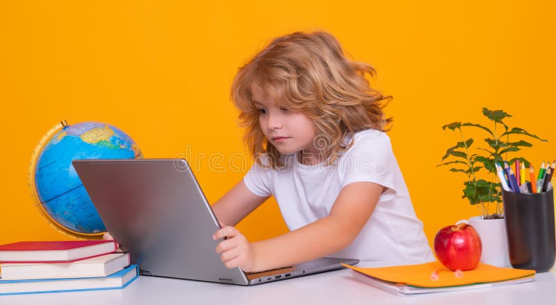 School Child Using Laptop Computer. School and Kids. Cute Blonde Child ...