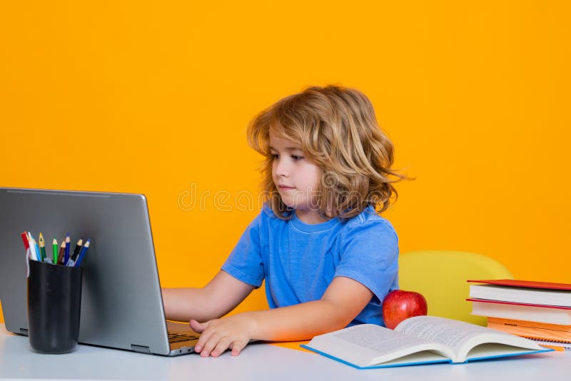 School Child Using Laptop Computer. School Kid Student Learning, Study ...