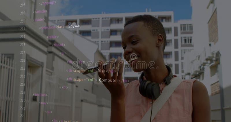 In School, Child Using Smartphone with Animation of Coding Text Overlay ...